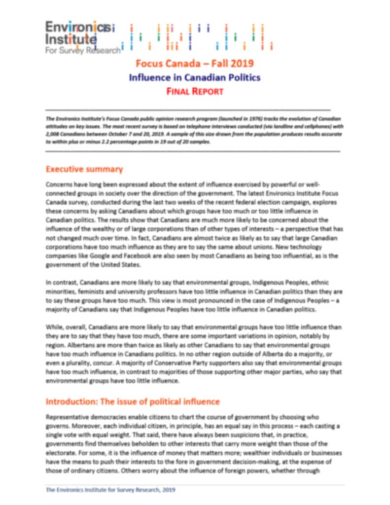 Influence in Canadian Politics | Environics Institute for Survey Research